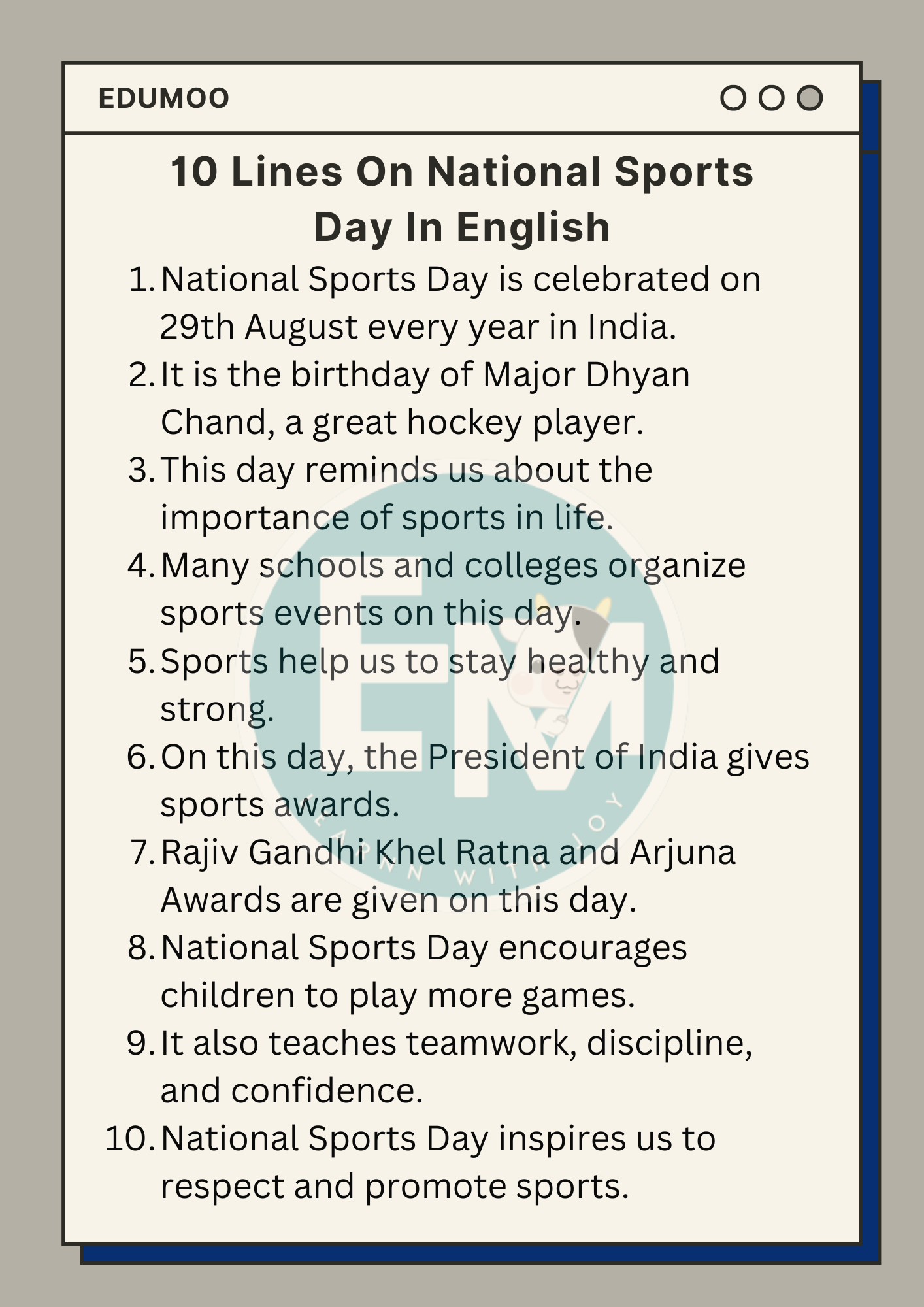 10 Lines On National Sports Day In English