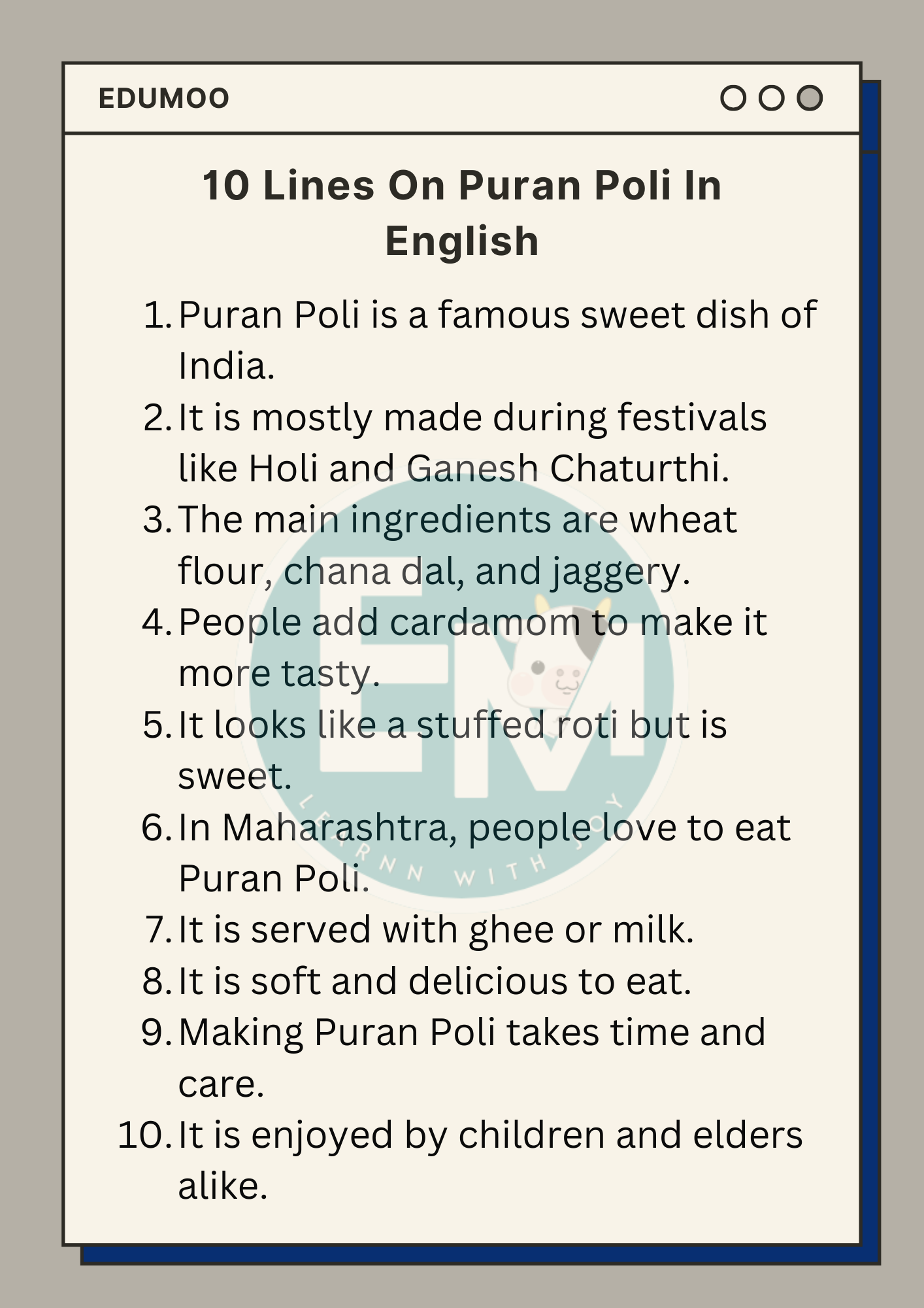 10 Lines On Puran Poli In English