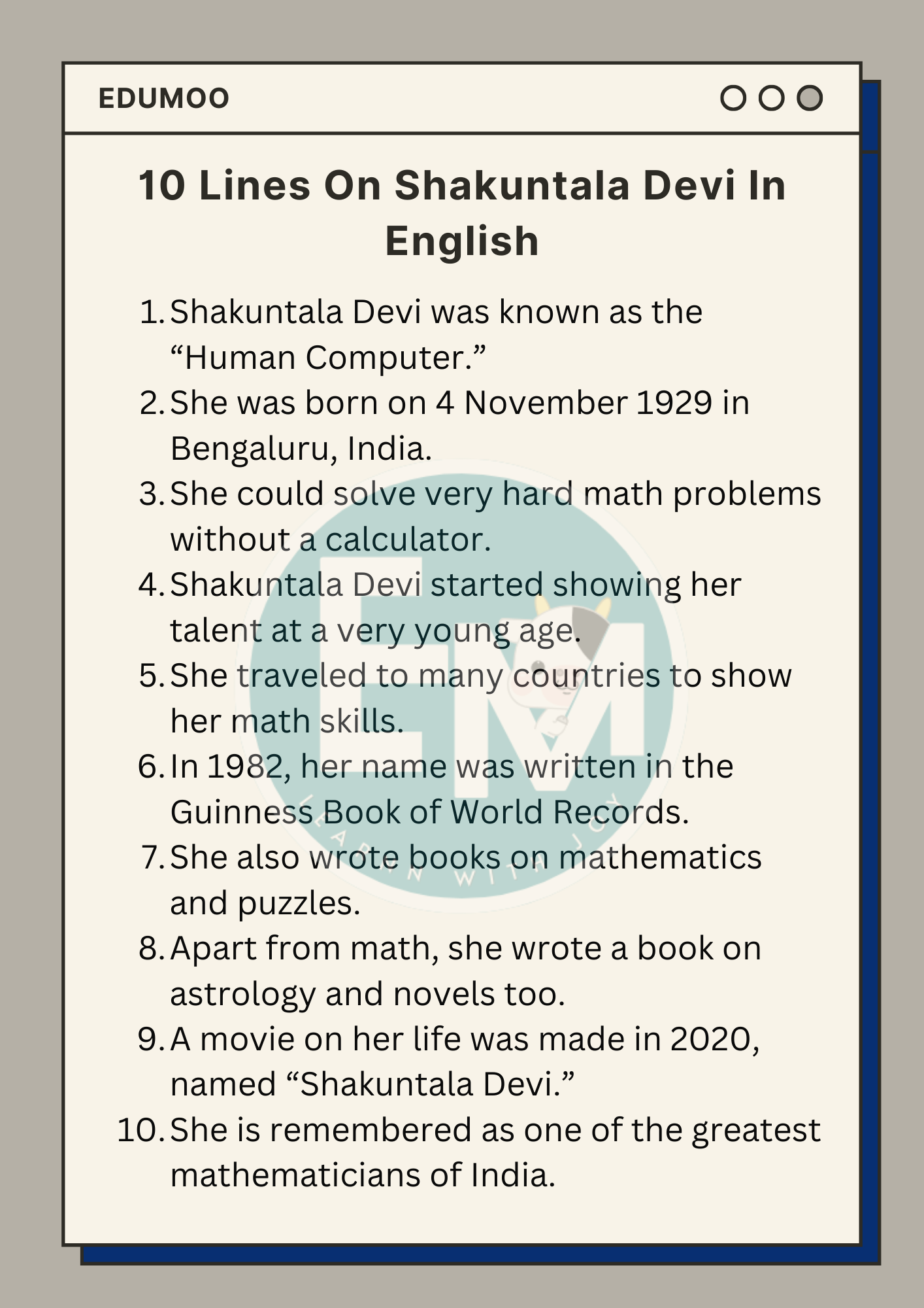 10 Lines On Shakuntala Devi In English