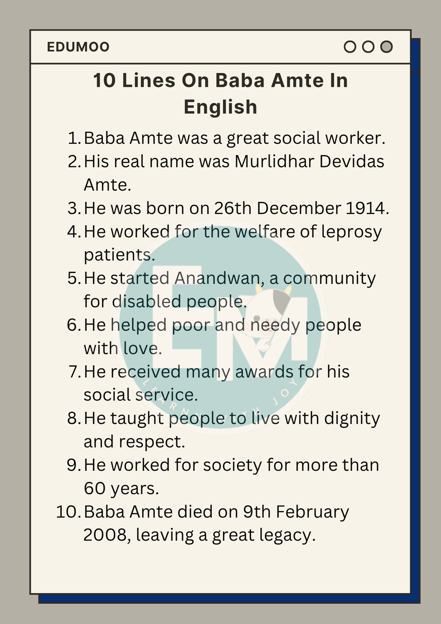 10 Lines On Baba Amte In English