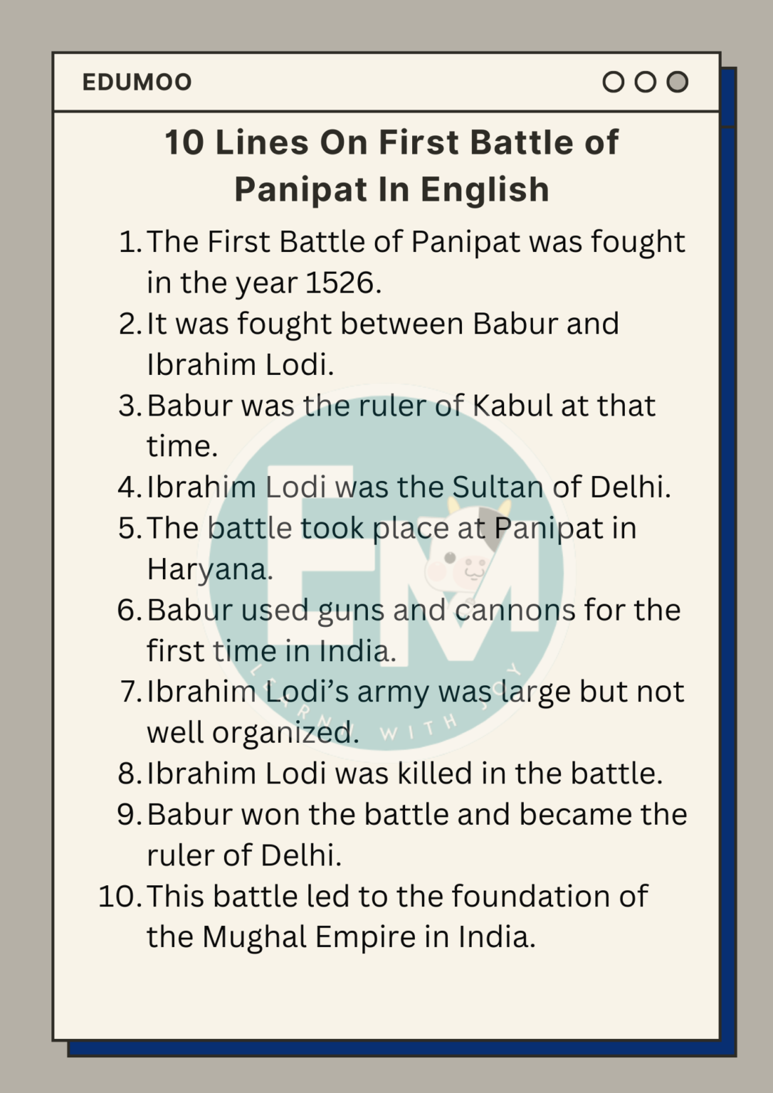 10 Lines On First Battle of Panipat In English