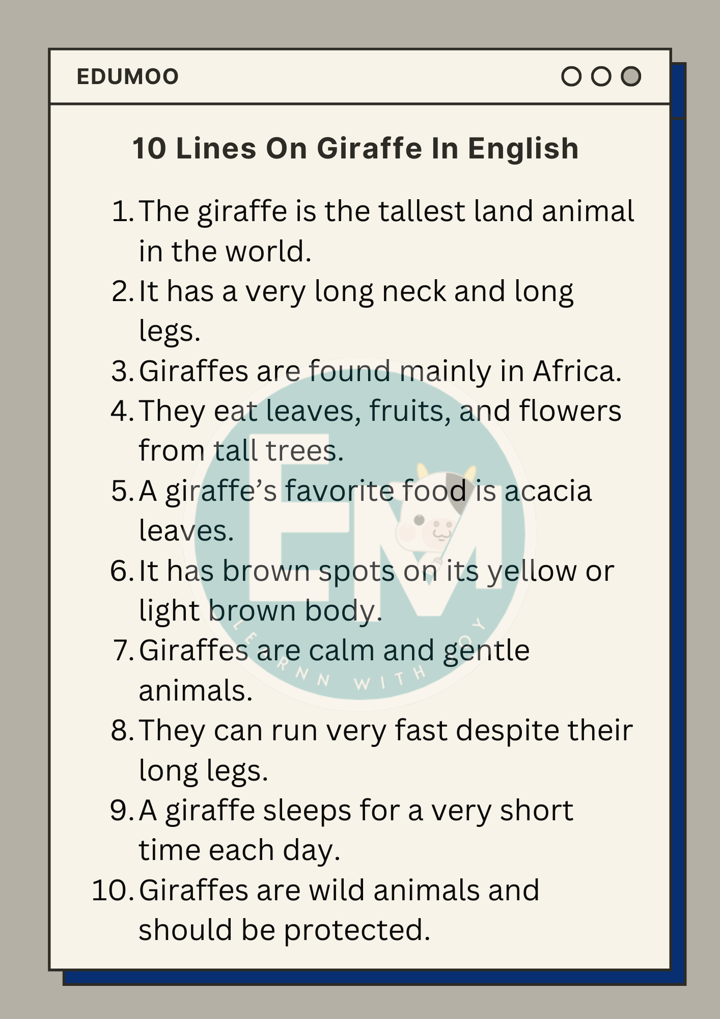 10 Lines On Giraffe In English