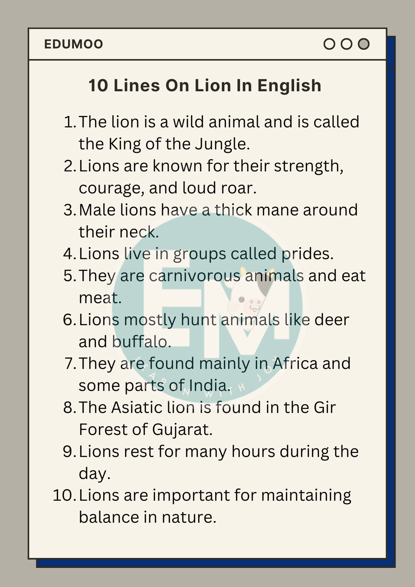 10 Lines On Lion In English