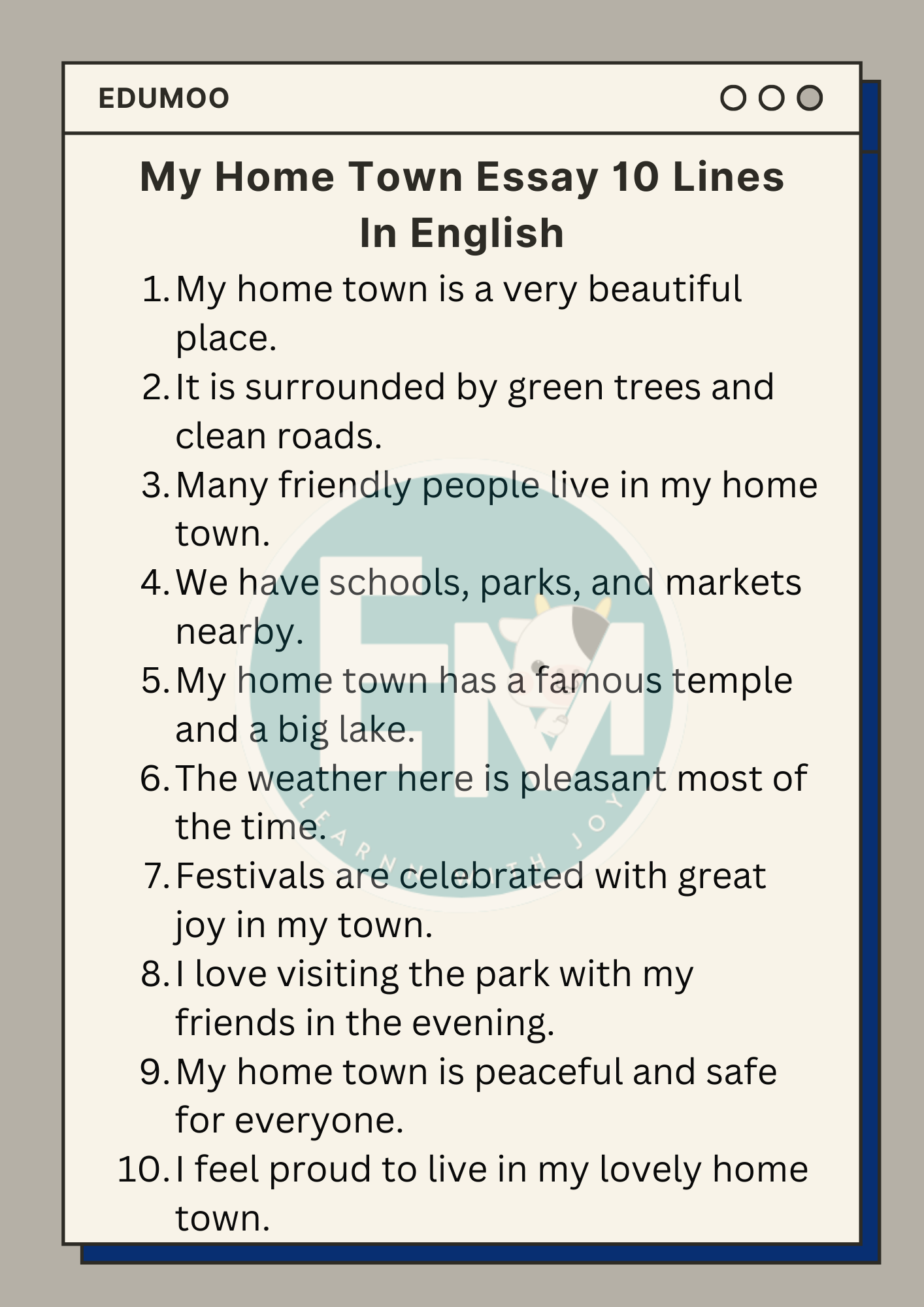 My Home Town Essay 10 Lines In English